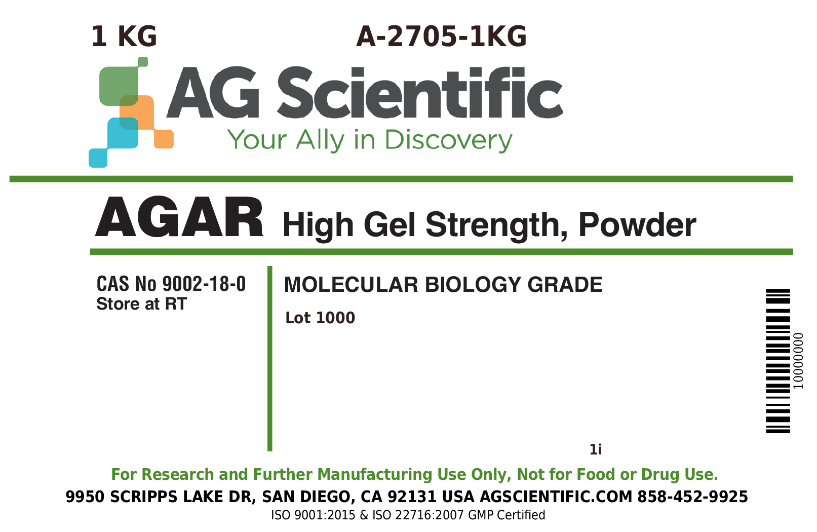 A-2705-1KG - Agar, High Gel Strength, Powder, 1 KG