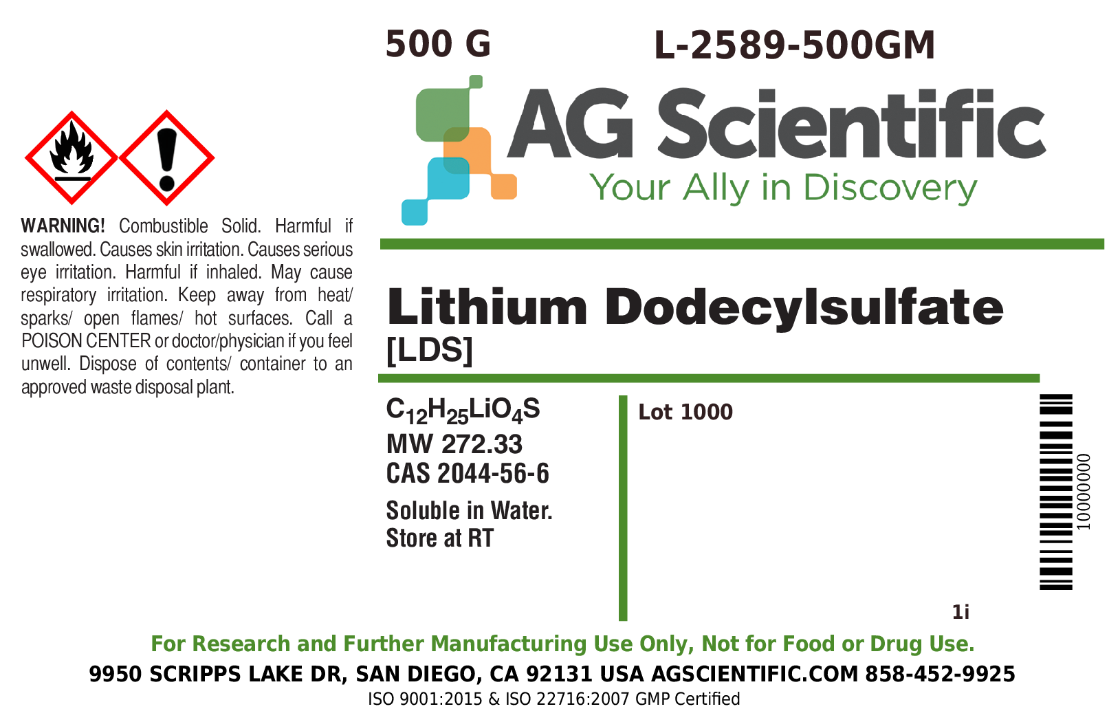 L-2589-500GM - Lithium Dodecyl Sulfate [LDS], 500 G