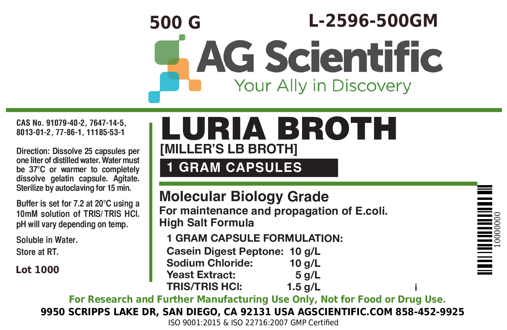 L-2596-500GM - Luria Broth, 1 G Buffered Capsules, 500 G