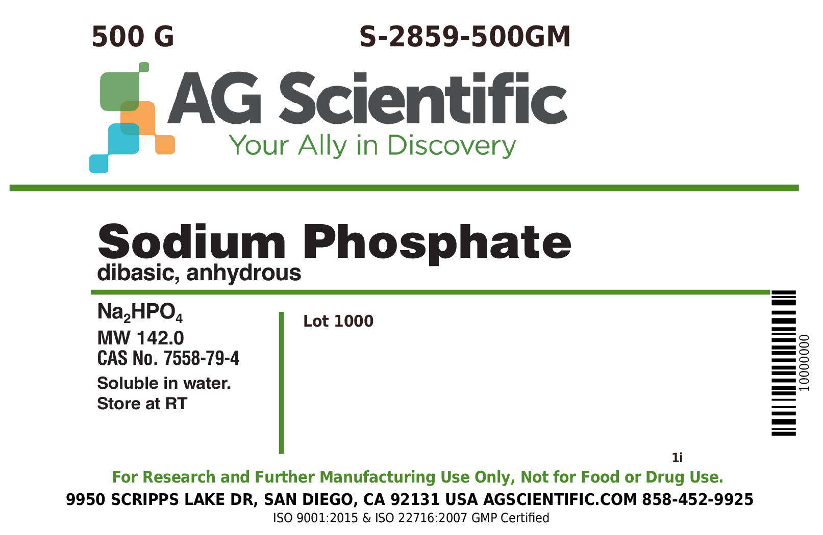 S-2859-500GM - Sodium Phosphate Dibasic, Anhydrous, 500 G