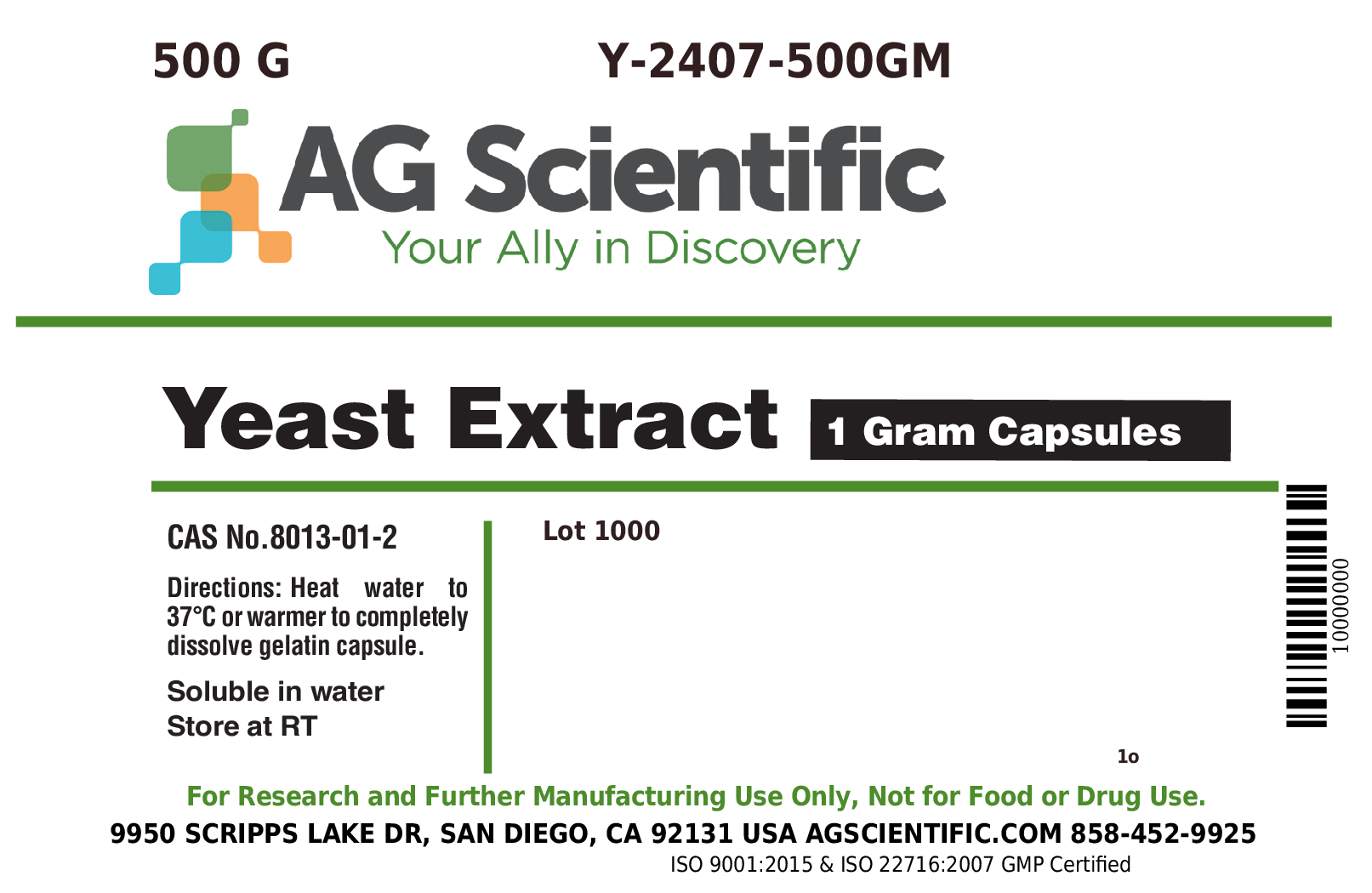 Y-2407-500GM - Yeast Extract, 1 Gram Capsules, 500 G